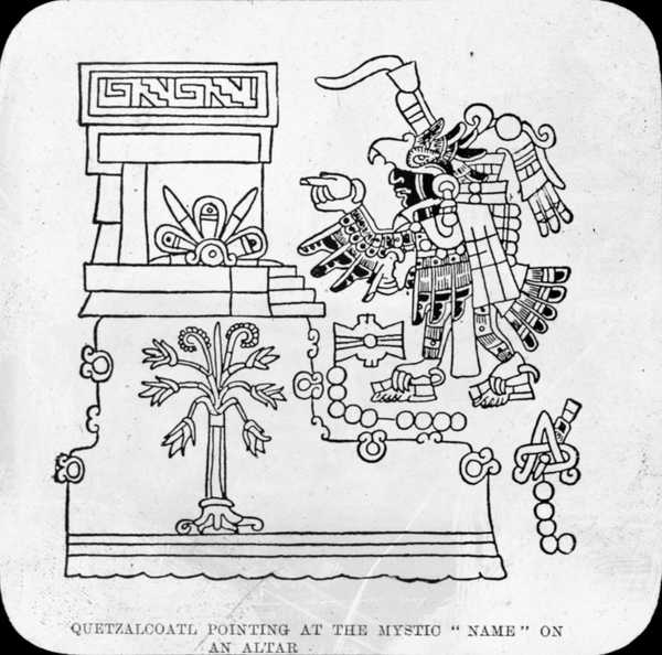 Black and white glass lantern slide of an Aztec-style drawing captioned ...