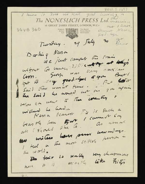 Letter from Bear [Duncan Grant] to Vanessa Bell‘, Duncan Grant ...