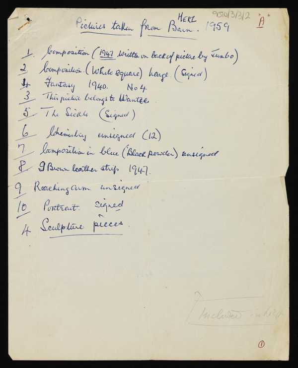Notes detailing Schwitters’ works which were taken from Schwitters ...