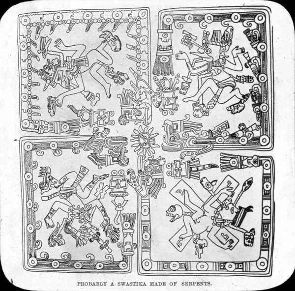 Black and white glass lantern slide of an Aztec-style drawing captioned ...
