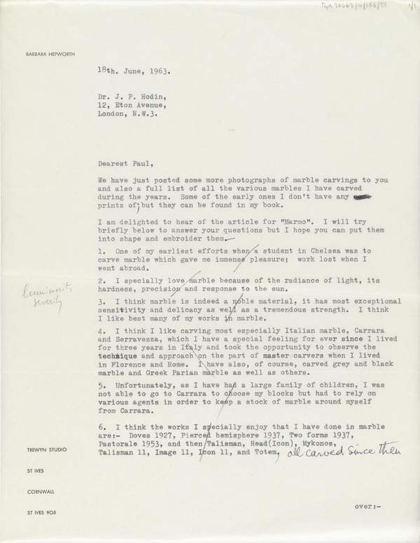 Letter from Barbara Hepworth to J.P. Hodin‘, Dame Barbara Hepworth ...
