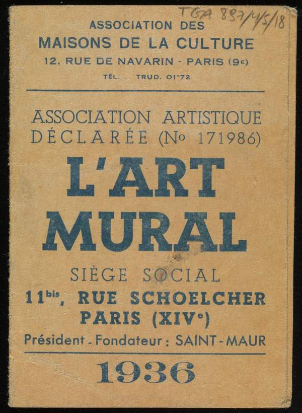 Membership card of ‘Association artistique declare l’Art Mural...1936 ...
