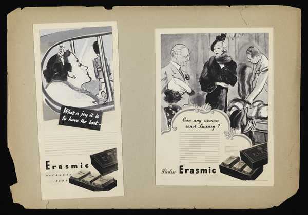 Two graphic works for posters advertising Erasmic soap mounted on one ...