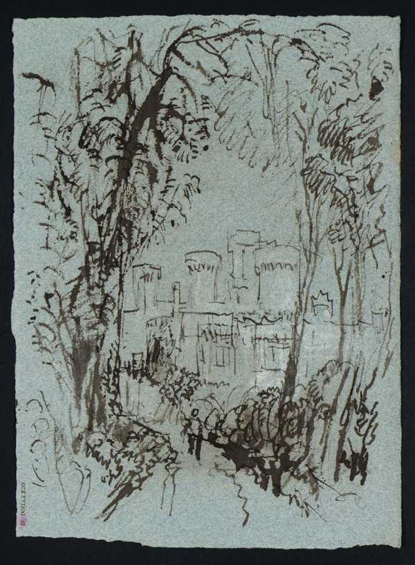 ‘East Cowes Castle from the North, with a Figure between Trees along ...