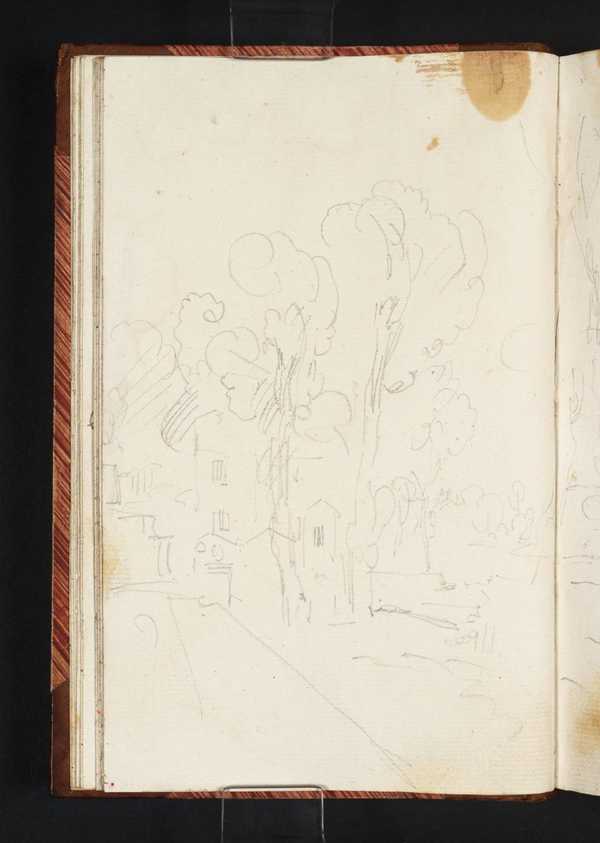 ‘A River Scene, with Houses on Left and Wooden Bridge in Mid-Distance ...