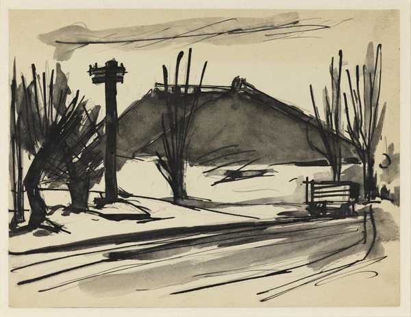 Sketch of the tip and landscape with trees by road‘, Josef Herman, [c ...