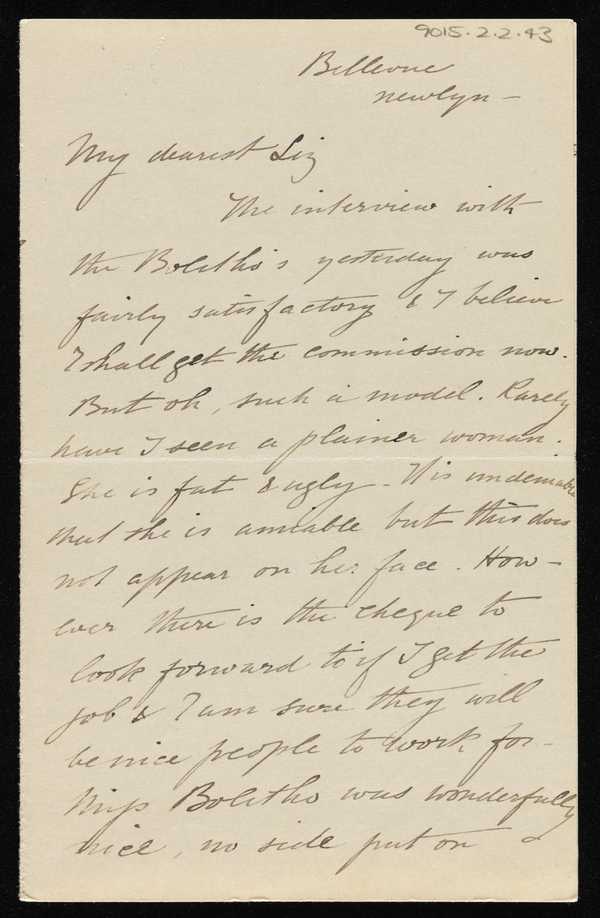 Letter from Stanhope Forbes to Elizabeth Armstrong, addressed Bellevue ...