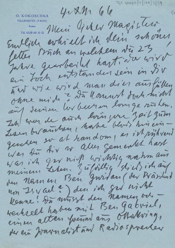 Letter from Oskar Kokoschka to J.P. Hodin with a postscript by Olda ...