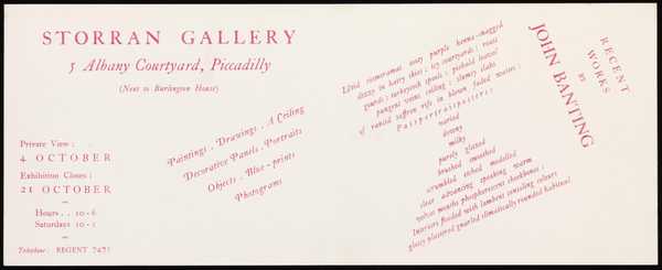 Private view card of ‘Recent Works by John Banting’, at the Storran Gallery‘, John Banting ...