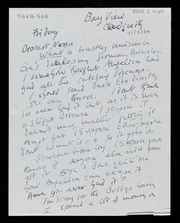 Letter from D. [Duncan Grant] to Vanessa Bell‘, Duncan Grant, recipient ...