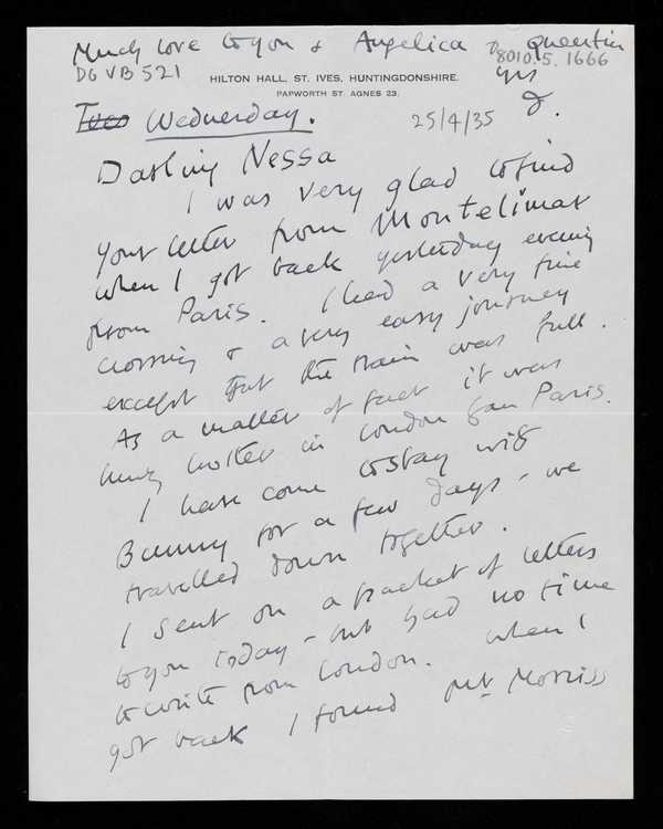 Letter from D. [Duncan Grant] to Vanessa Bell‘, Duncan Grant, recipient ...