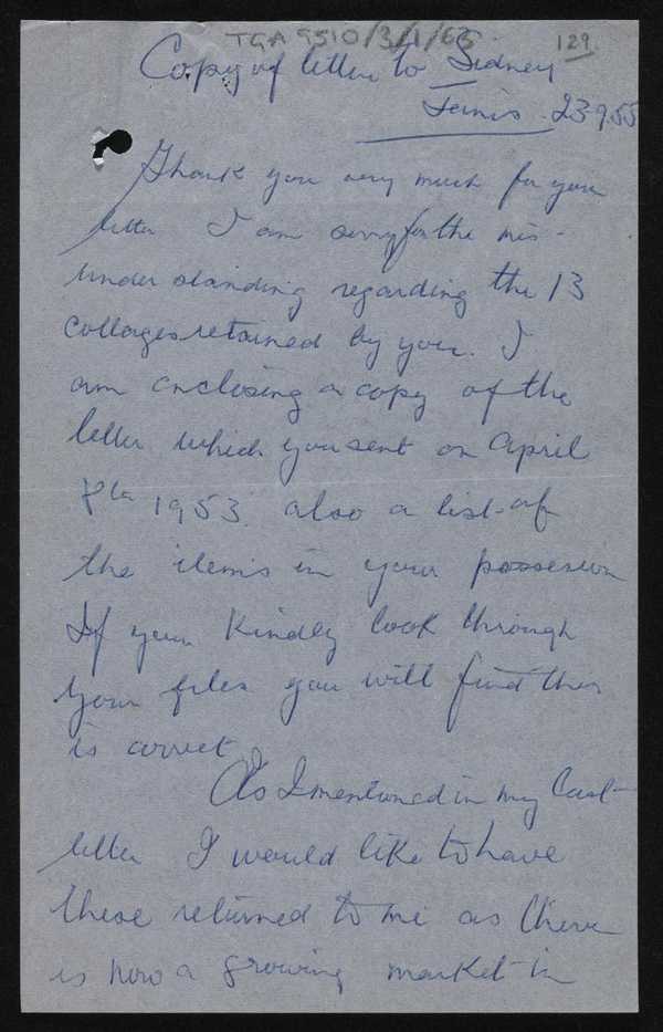 Copy of a letter sent from Edith Thomas to the Sidney Janis Gallery ...