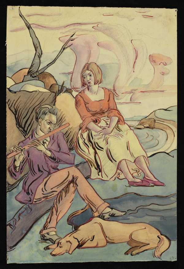 Painting showing a woman and man (playing a flute) sitting in the ...