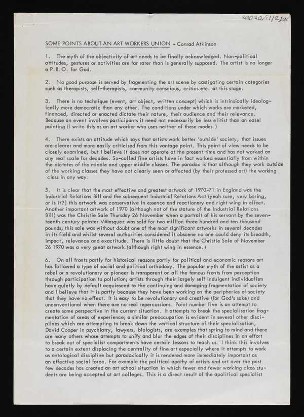 Typed document entitled, ‘Some Points About an Art Workers Union’, by ...