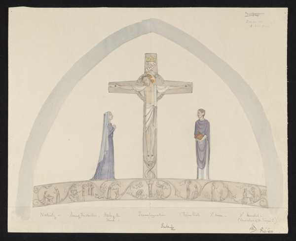 Design for rood depicting Calvary Group; Mary, John and Christ on the ...