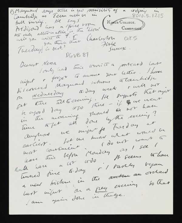 Letter from Bear [Duncan Grant] to Vanessa Bell [London]‘, Duncan Grant ...
