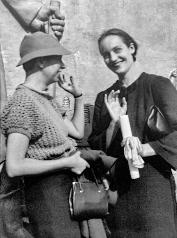 Black and white negative of Janie Bussy and Angelica Bell posing in ...