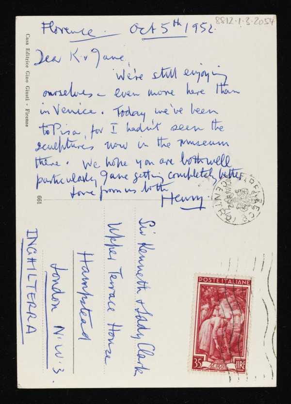 ‘Postcard from Henry Moore to Kenneth and Jane Clark‘, Henry Moore OM ...