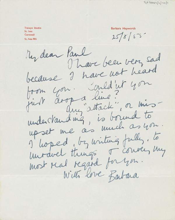 Letter from Barbara Hepworth to J.P. Hodin‘, Dame Barbara Hepworth ...