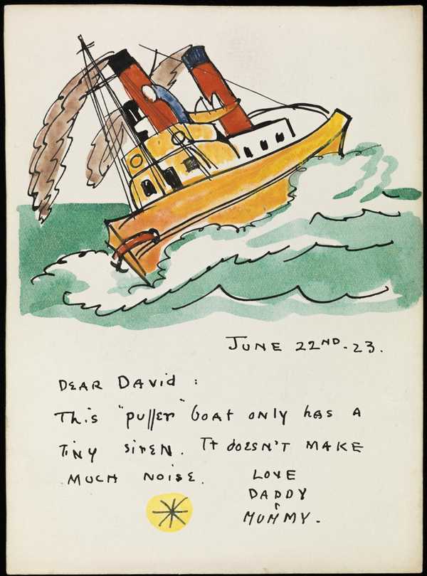 Postcard illustrated with a sketch of a boat on a large wave from Anne ...
