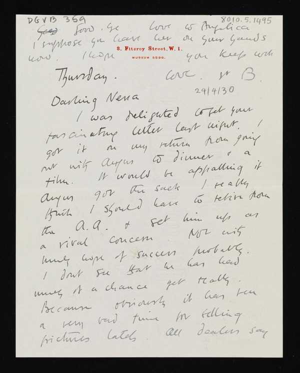Letter from B. [Duncan Grant] to Vanessa Bell‘, Duncan Grant, recipient ...