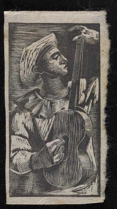 Woodcut print of a man playing a guitar by Robert Medley for the Group ...