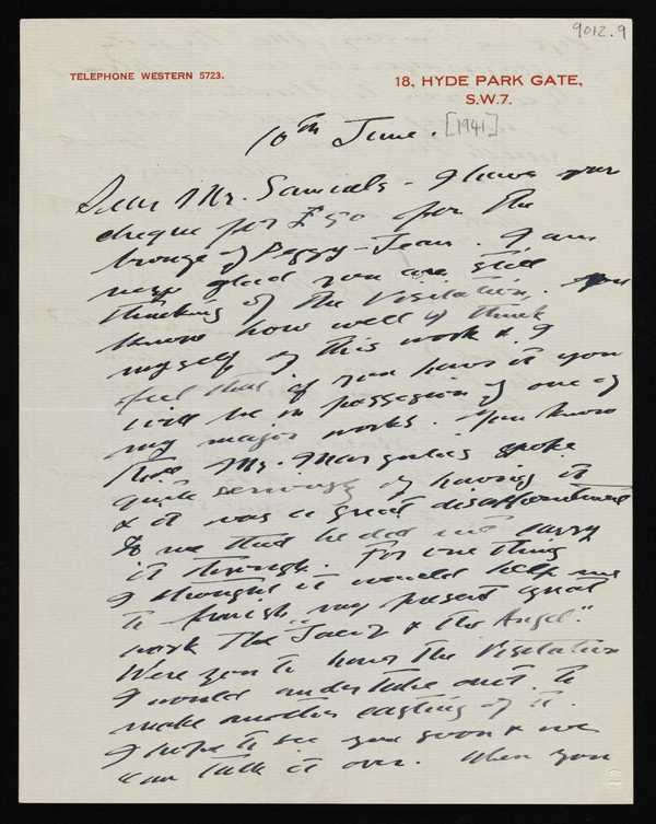 Letter from Jacob Epstein to Mr S. Samuels‘, Sir Jacob Epstein ...