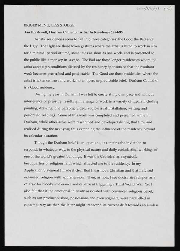 Typed document entitled, ‘Bigger Menu, Less Stodge: Ian Breakwell ...