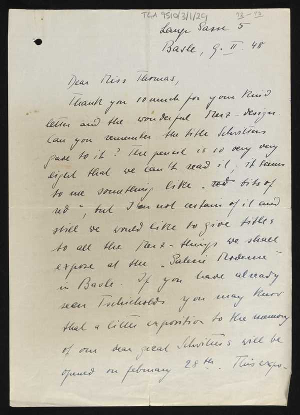 Letter to Edith Thomas from Marguerite Hagenbach regarding Schwitters ...