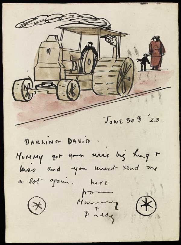 Postcard illustrated with a sketch of a tractor from Anne Estelle Rice ...