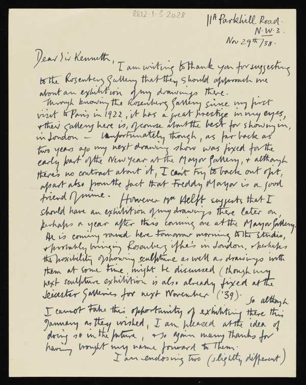 Letter from Henry Moore to Kenneth Clark‘, Henry Moore OM, CH ...