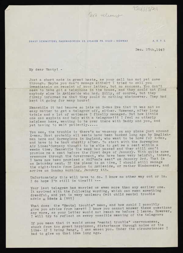 Letter from Ernst Schwitters to Edith Thomas (‘Wanty’) about his father ...