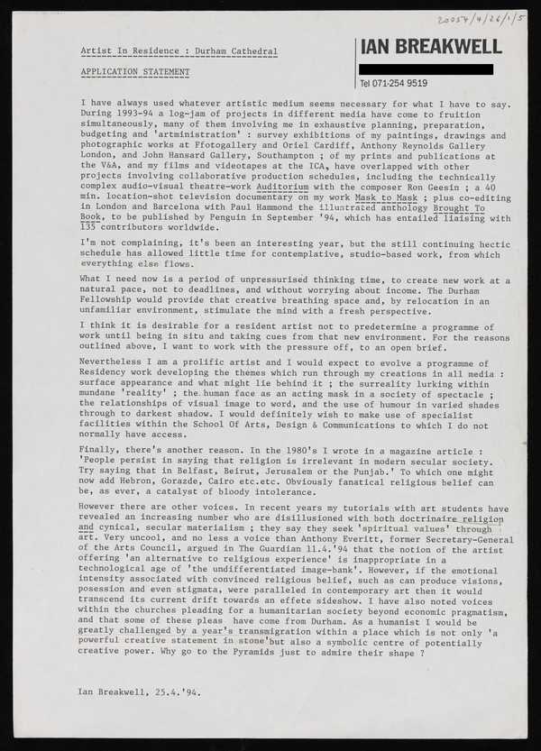 Typed document entitled, ‘Artist In Residence: Durham Cathedral ...