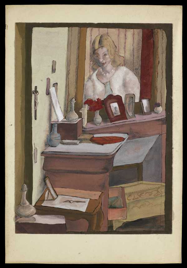 Watercolour showing the corner of a room with a woman reflected in a ...
