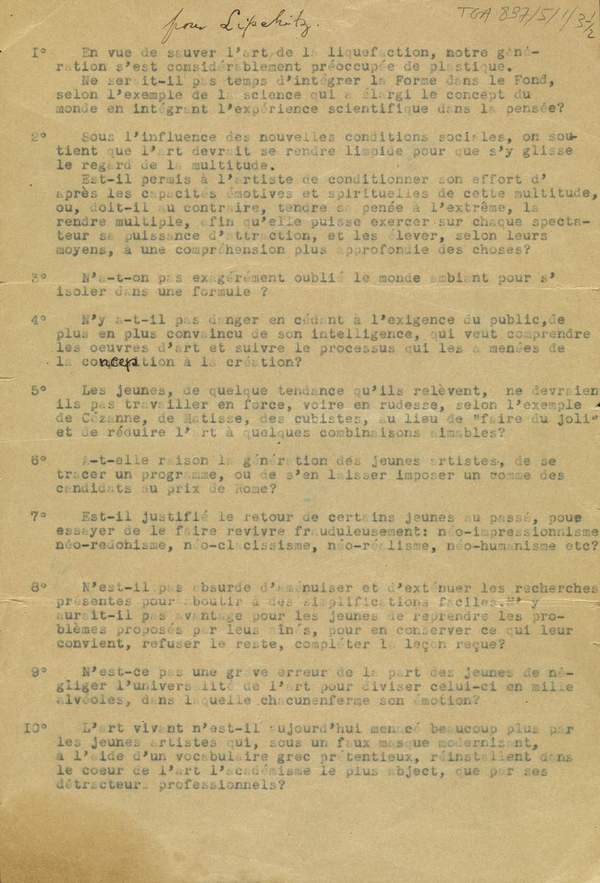 Text beginning with ‘En vue de sauver l’art’‘, Jacques Lipchitz, [1938 ...