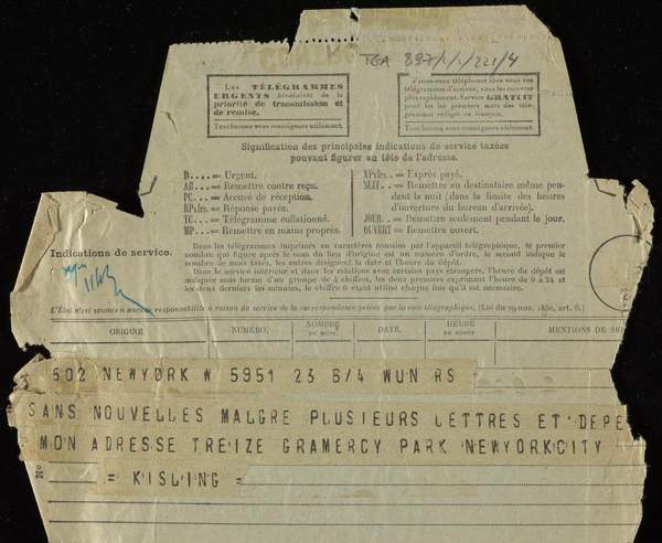 Telegram from [Moise] Kisling, New York, to Jacques Lipchitz, Toulouse ...