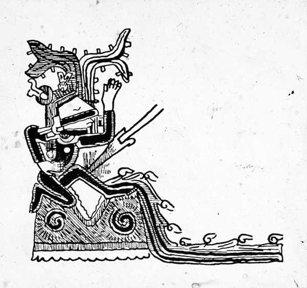 Black and white glass lantern slide of a drawing of an Aztec figure ...
