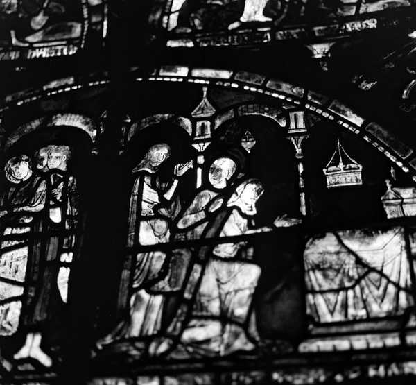 Photograph of detail of a stained glass window at Canterbury Cathedral ...