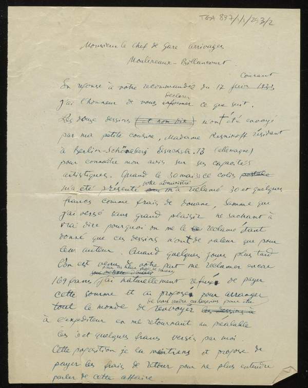 Draft letter from Jacques Lipchitz to Moulineaux-Billancourt Station ...