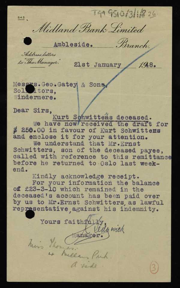 ‘Receipt and letters between Midland Bank, Geo. Gatey & Son and Edith ...