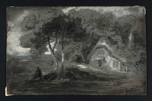 ‘A Cottage, and a Seated Figure under a Tree‘, British School 19th ...