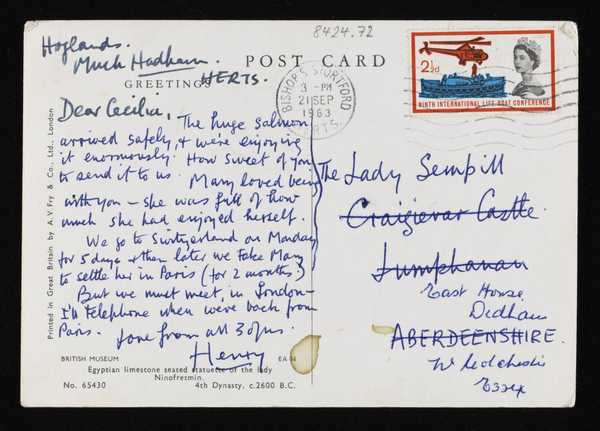 Postcard from Henry Moore to Cecilia Sempill‘, Henry Moore OM, CH ...