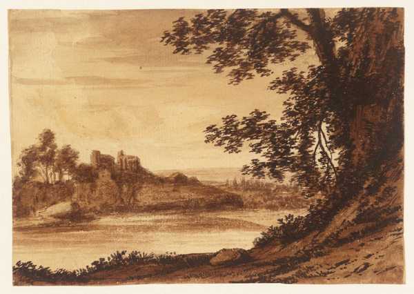 ‘Ruins beyond a Lake. Trees to Right, Plain Below‘, Alexander Cozens | Tate