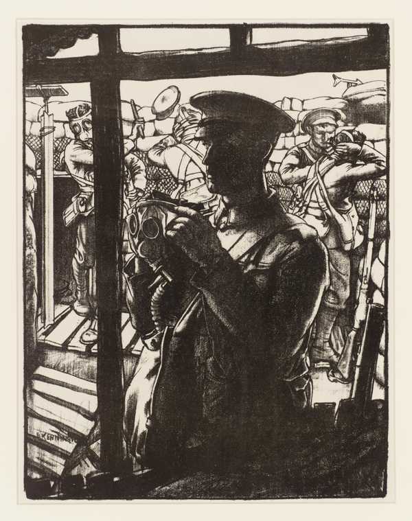 ‘Making Soldiers: The Gas Mask‘, Eric Kennington, c.1917 | Tate