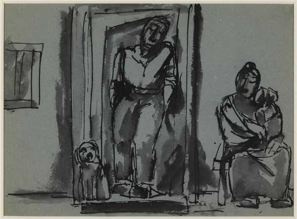 Sketch of a man, wife and child with dog outside house‘, Josef Herman ...