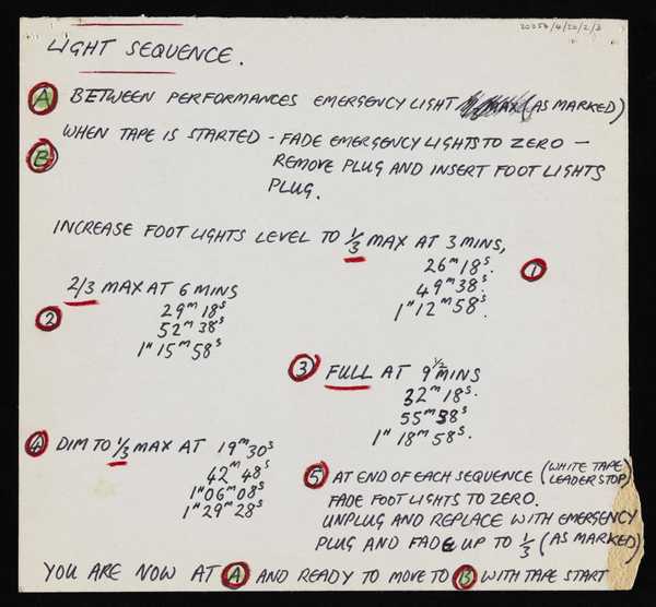 Handwritten card detailing the light sequences for ‘The Auditorium ...