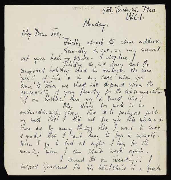 Letter from Kenneth Armitage to Joan Moore, addressed 48a Torrington ...