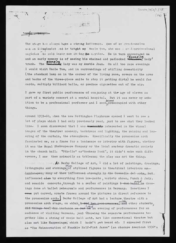 Photocopied document by Ian Breakwell, writing about his influences ...