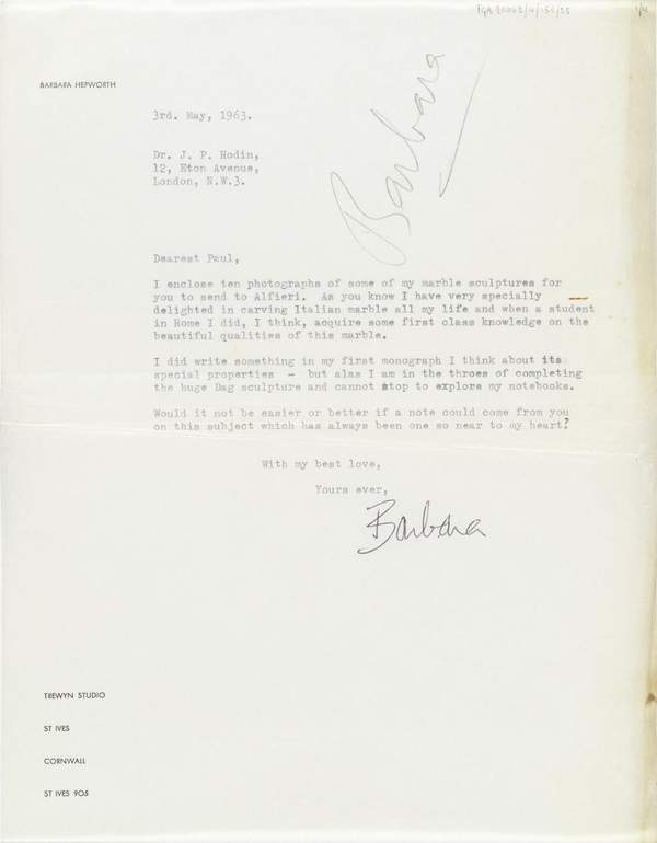 Letter from Barbara Hepworth to J.P. Hodin‘, Dame Barbara Hepworth ...