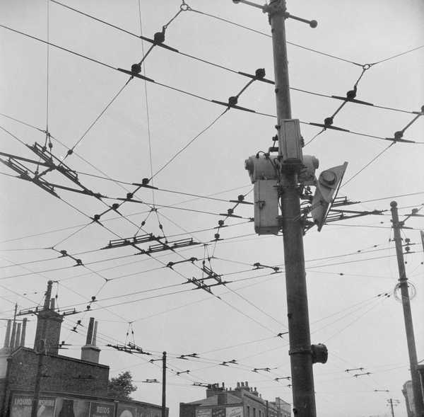 Photograph showing overhead lines for trams‘, Nigel Henderson, [c.1949 ...